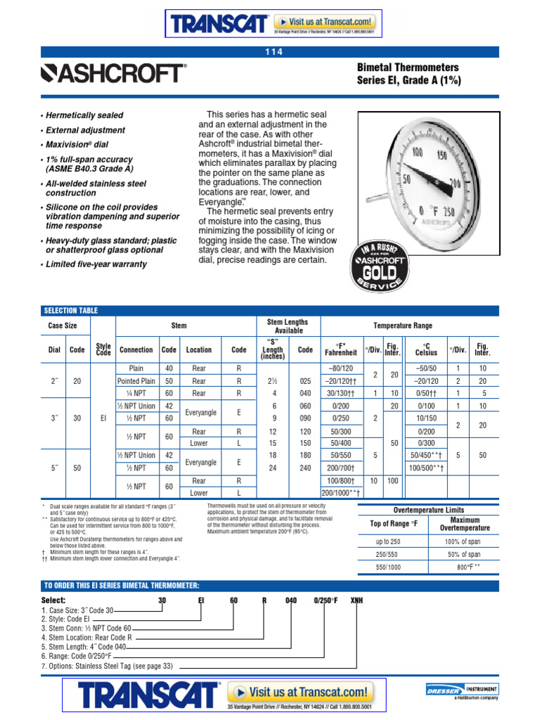 Bimetal Thermometers ASHCROFT 50EI | PDF | Thermometer | Temperature