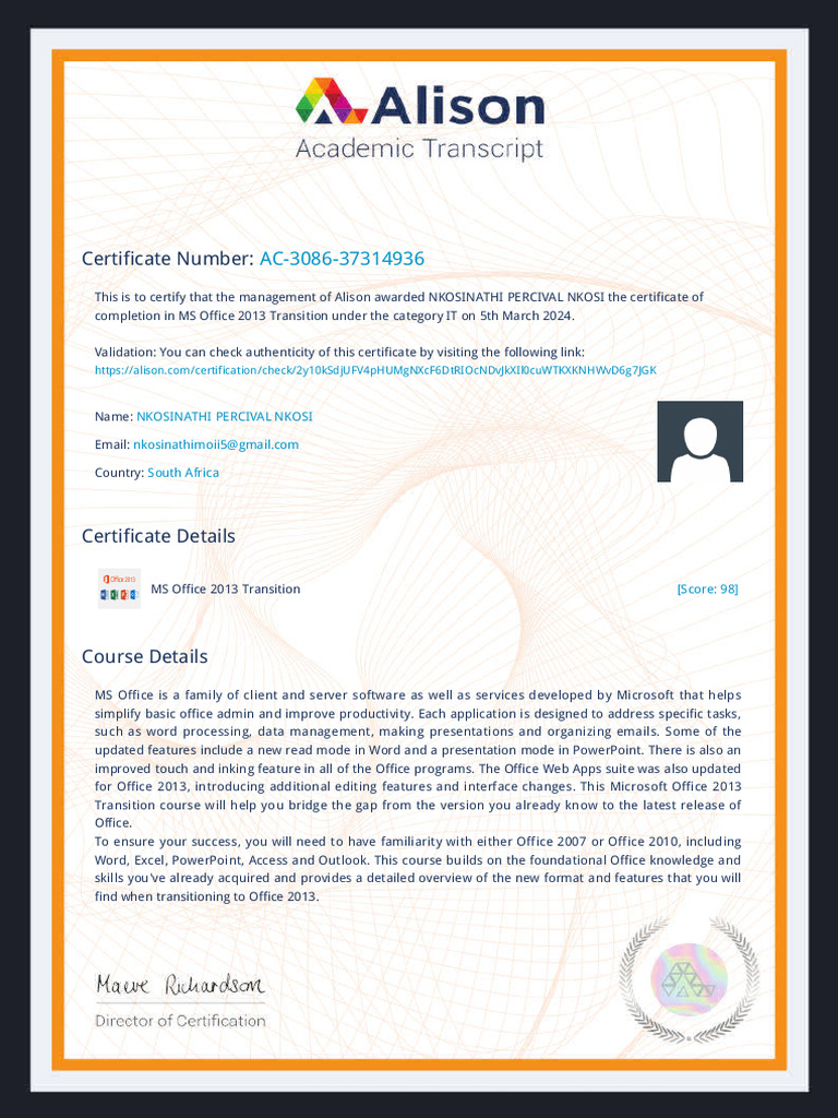 Alison Certificate Transcript Ms Office 2013 Transition | PDF | Career ...