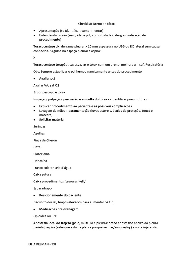 Checklist dreno de torax | PDF | Sistema respiratório | Especialidades ...