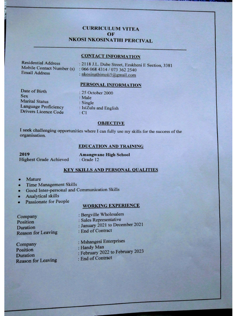 Curriculum Vitea of Nkosi Nkosinathi Percival | PDF