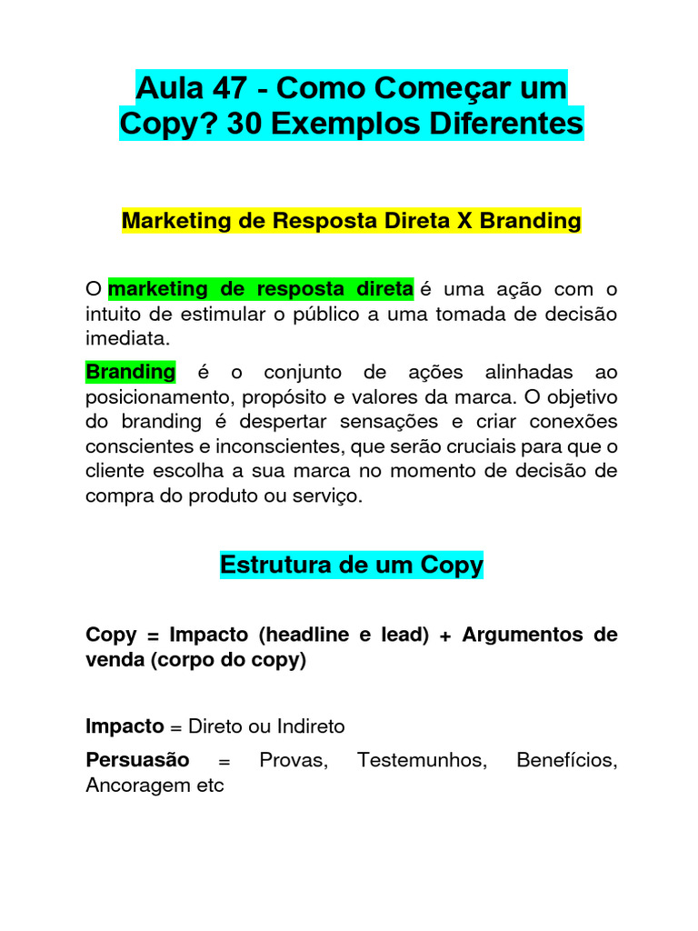 Aula 47 - Como Começar Um Copy - 30 Exemplos | PDF | Marketing | Facebook