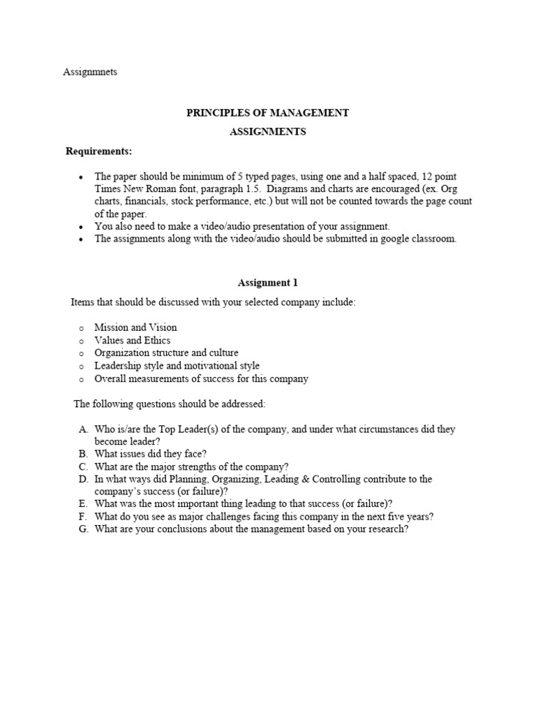 Principles of Management Assignments Guide | PDF | Leadership ...