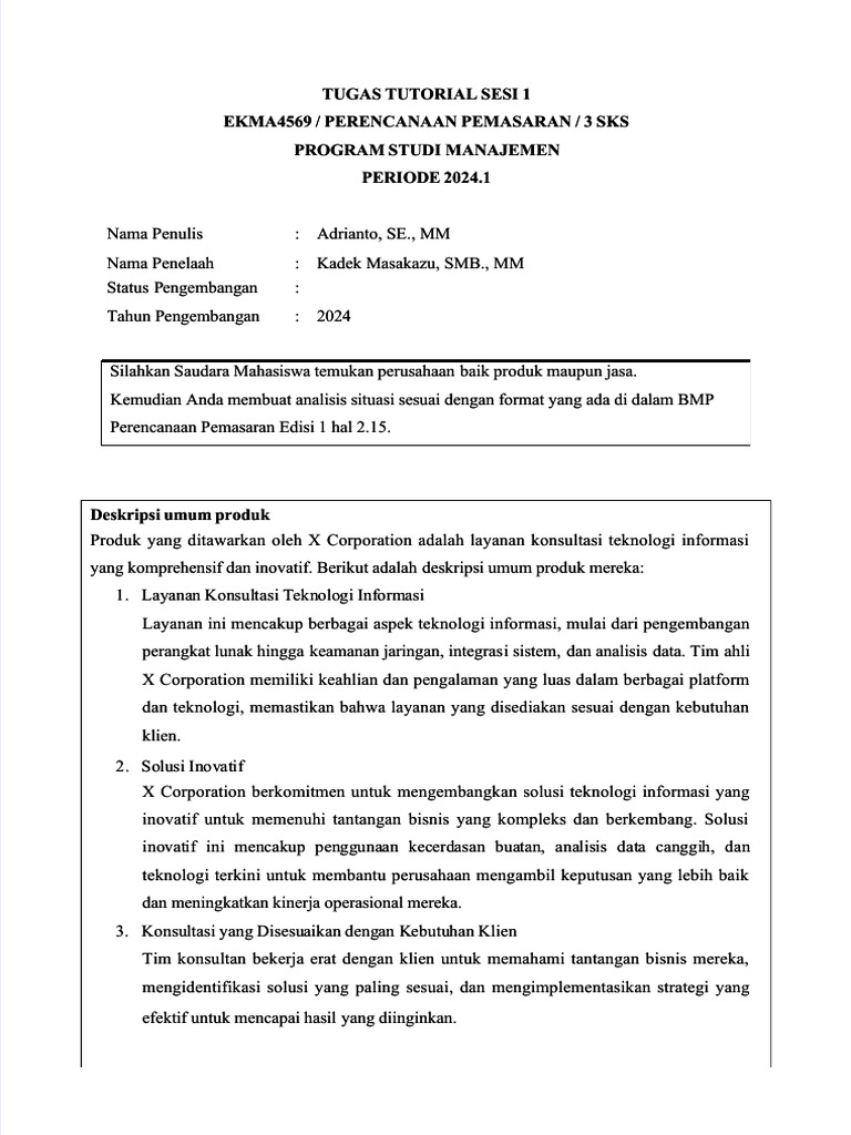 Tugas 1 Perencanaan Pemasaran | PDF
