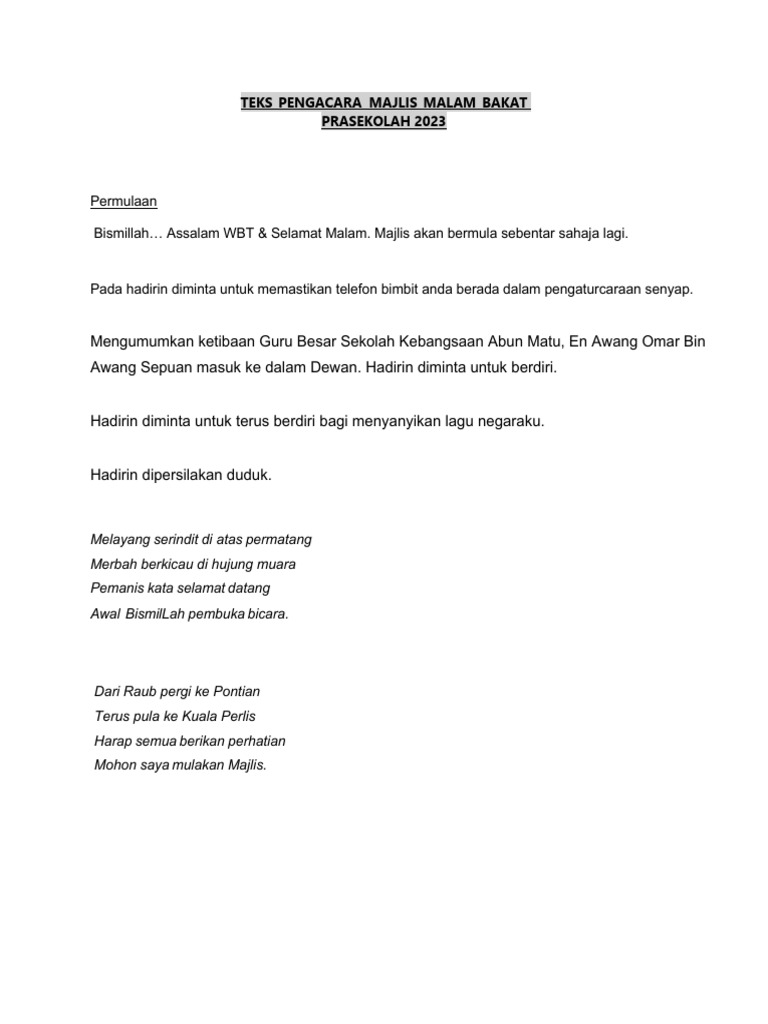 Teks Emcee Malam Bakat Prasekolah | PDF