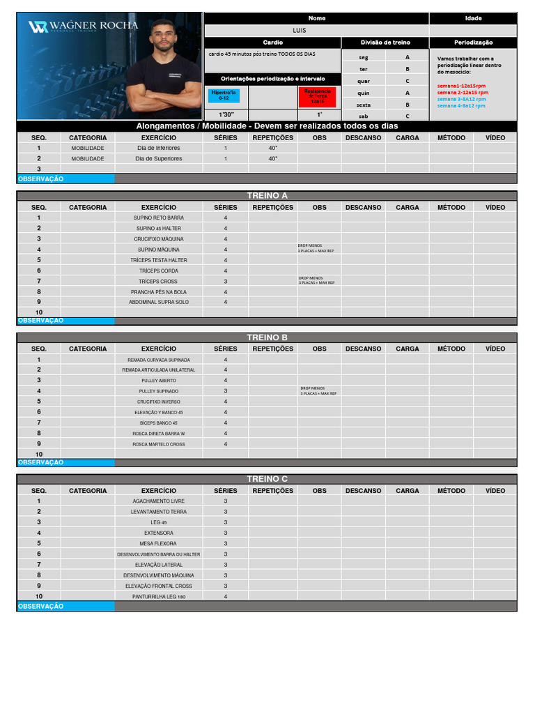 Planilha Treino (LUIS) | Download grátis PDF | Musculação | Boa forma