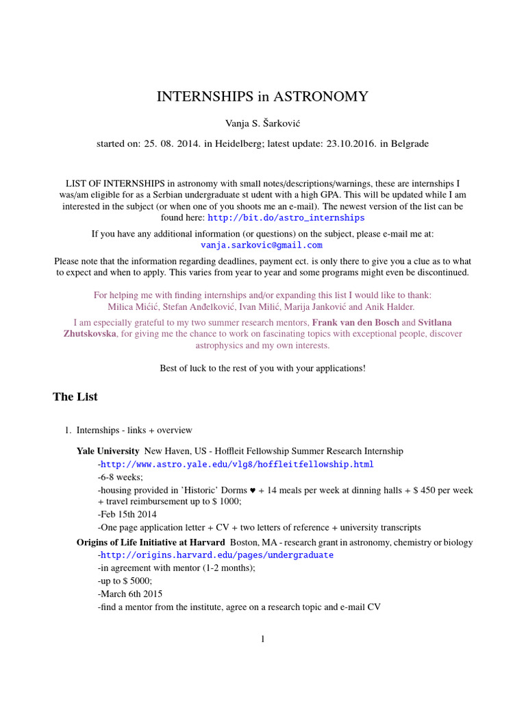 Internships in Astronomy | PDF | Science | Astronomy