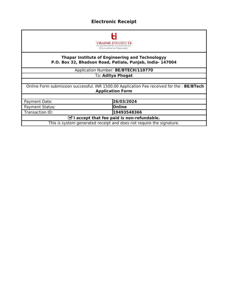 Acknowledgement Receipt BE BTECH 110770 | PDF