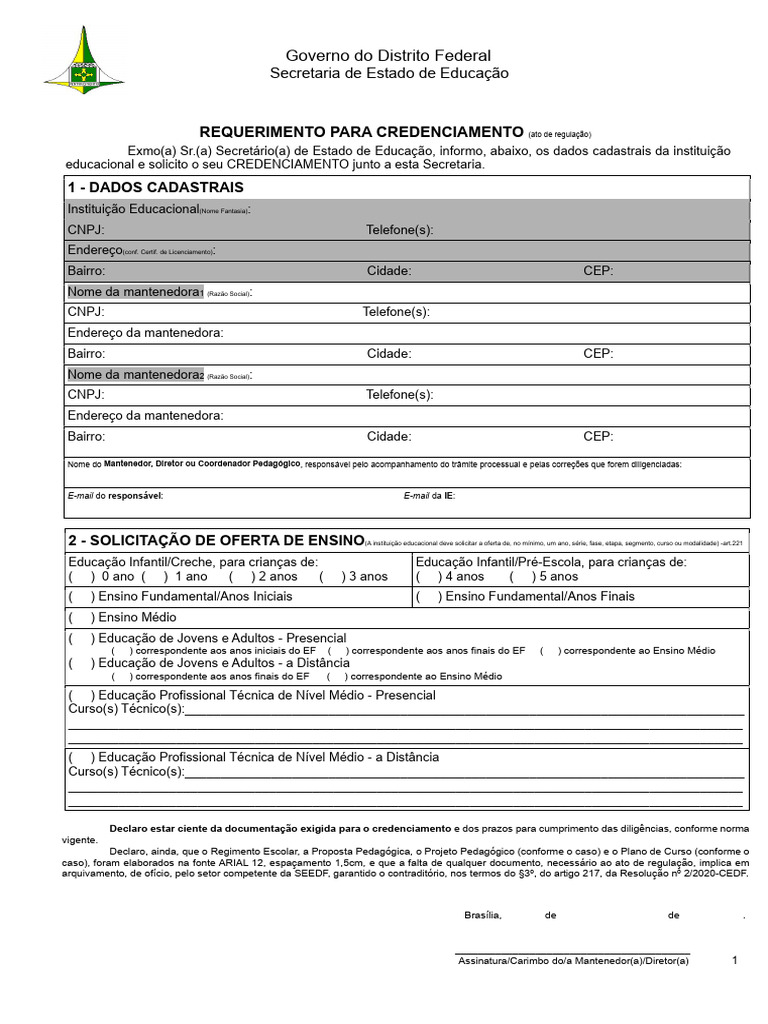 01 Requerimento para Credenciamento | PDF | Pedagogia | Pré-escola