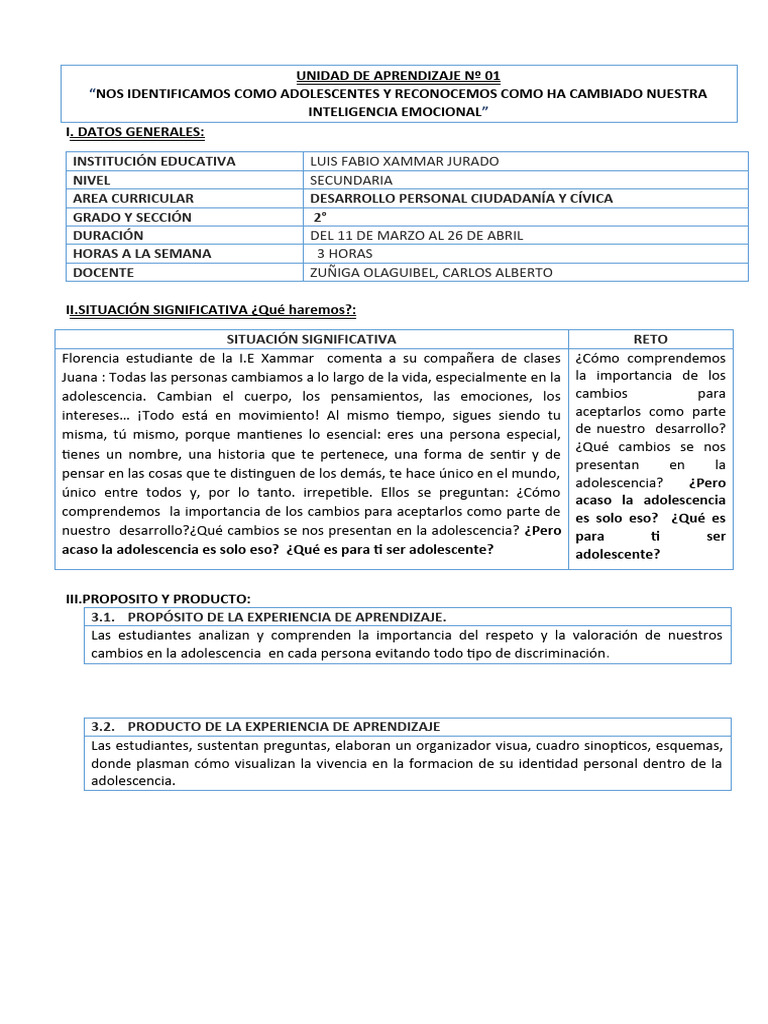 Unidad 01 DPCC | Descargar gratis PDF | Las emociones | Aprendizaje