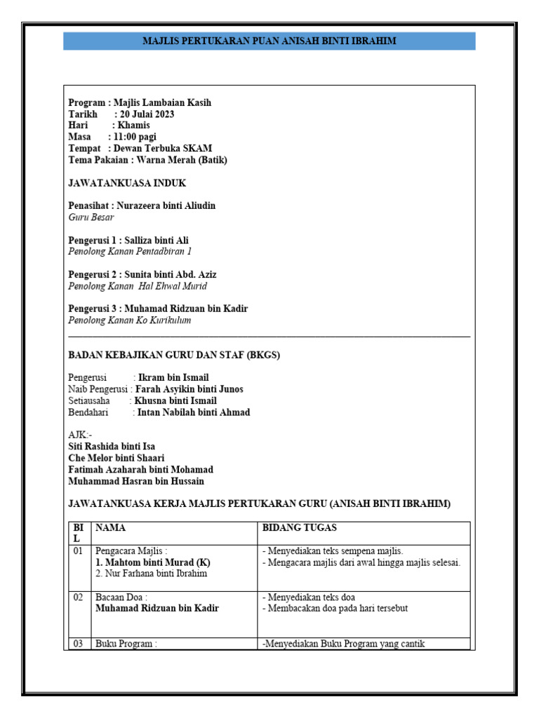 Ajk - Aturcara Majlis Perpisahan Cikgu Anisah Ibrahim | PDF Ajk - Aturcara Majlis Perpisahan Cikgu Anisah Ibrahim | PDF