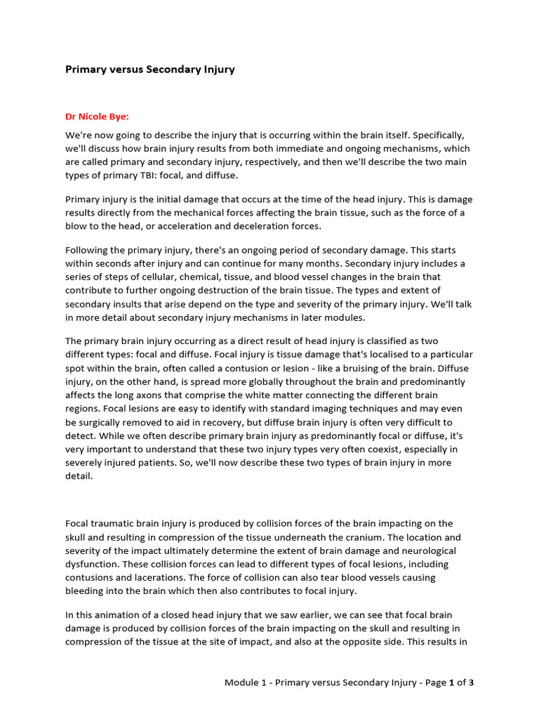 Module1 Video4 Primary Versus Secondary Injury | PDF | Traumatic Brain ...