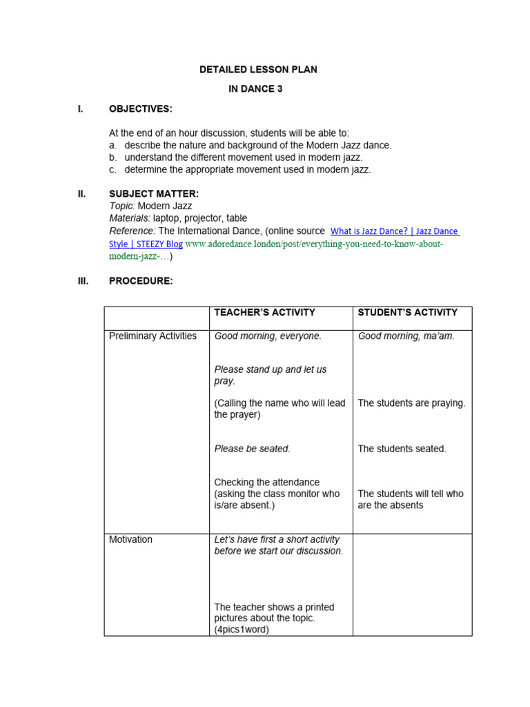 Detailed Lesson Plan 3 1 | PDF | Dances | Jazz