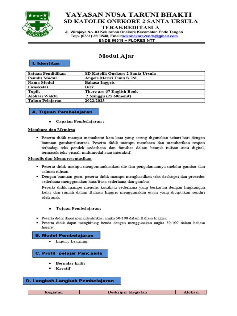 Modul Ajar BING Kelas IV Tema 2 | PDF