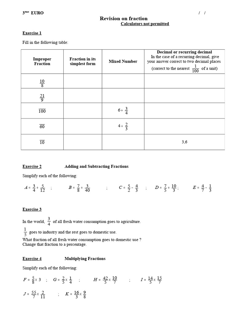 01 Fraction - Révision - 3e-ENG | PDF | Arithmetic | Lexicology