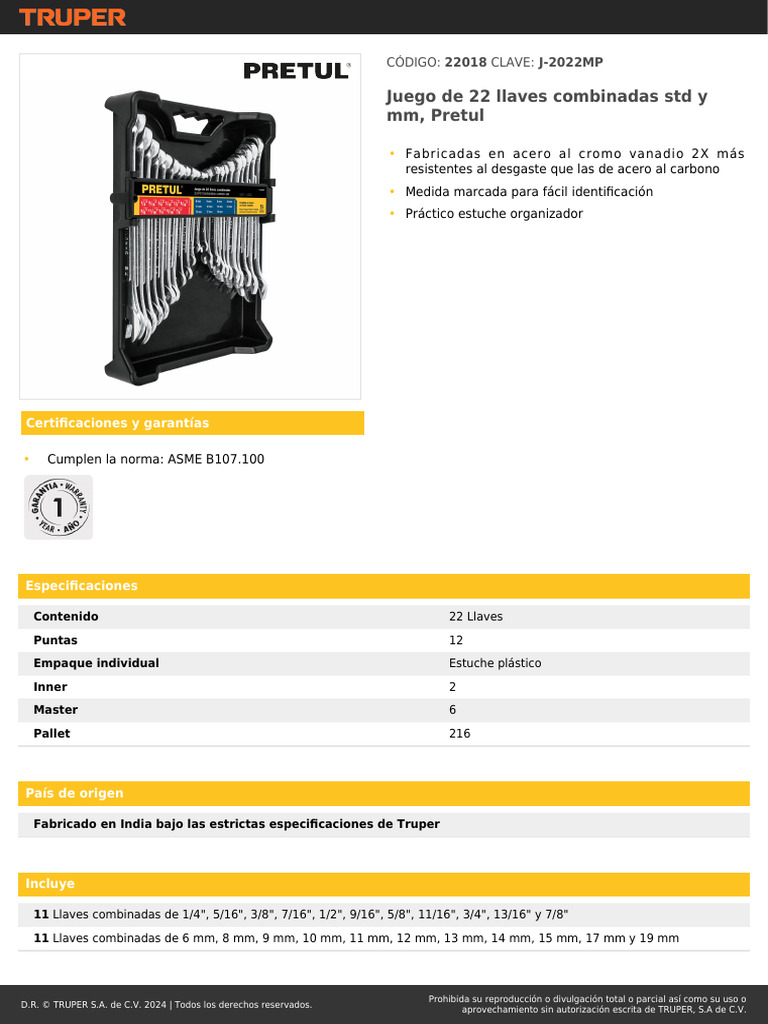 Juego de 22 Llaves Combinadas STD y MM, Pretul | PDF | Sector secundario de la economía | Acero