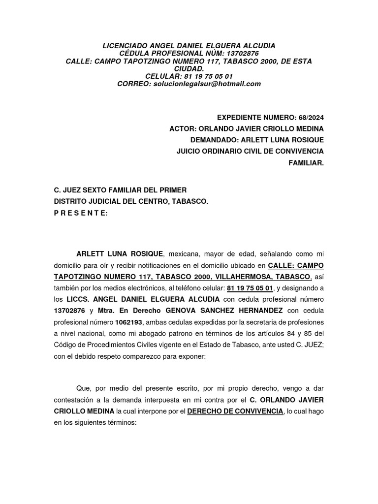 Contestación a Demanda de Convivencia Familiar | PDF | Justicia ...