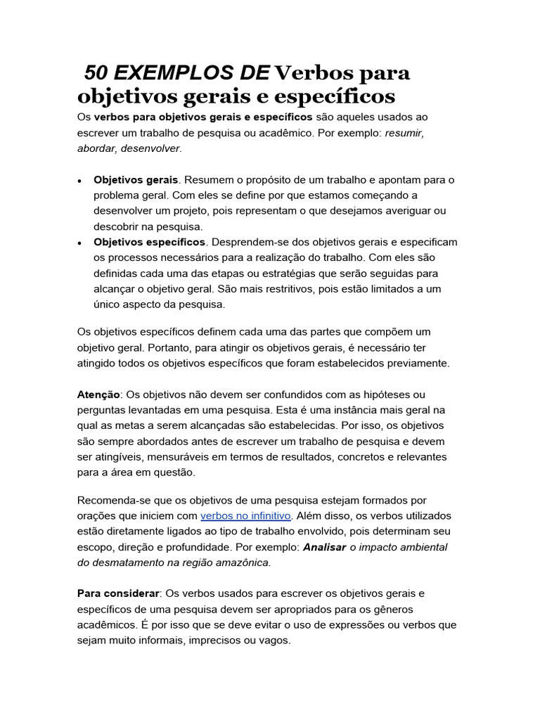 50 EXEMPLOS DE Verbos para Objetivos Gerais e Específicos | Download ...