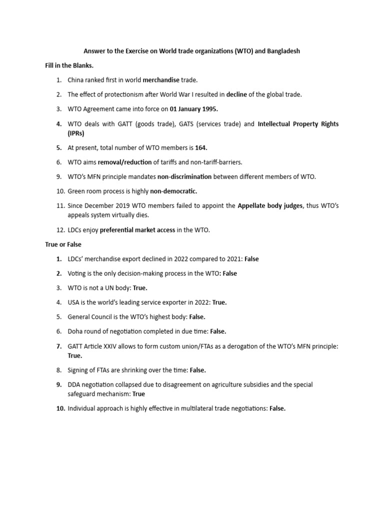 WTO and IFIs Exercise Answers | PDF | World Trade Organization | Economies