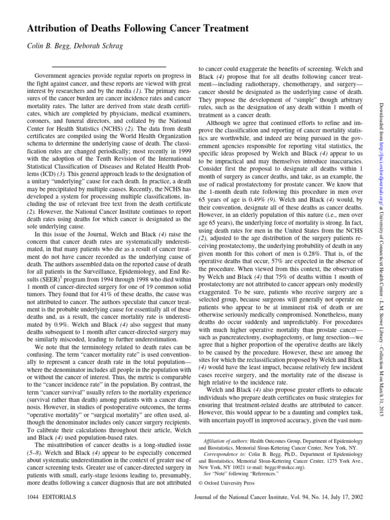 Attribution of Deaths Following Cancer Treatment | PDF | Cancer | Surgery