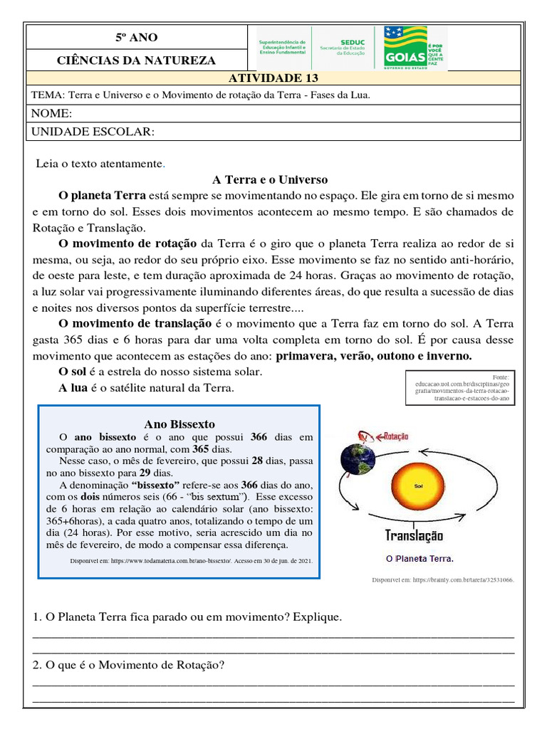 Movimentos da Terra para 5º Ano | PDF | Ano | Terra