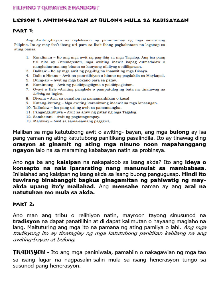 Filipino 7 Quarter 2 Handout For Visual | PDF