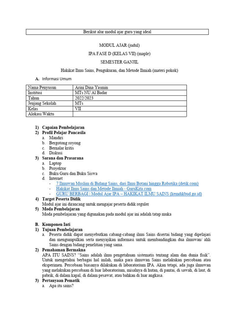 Berikut Alur Modul Ajar Guru Yang Ideal | PDF | Sains & Matematika