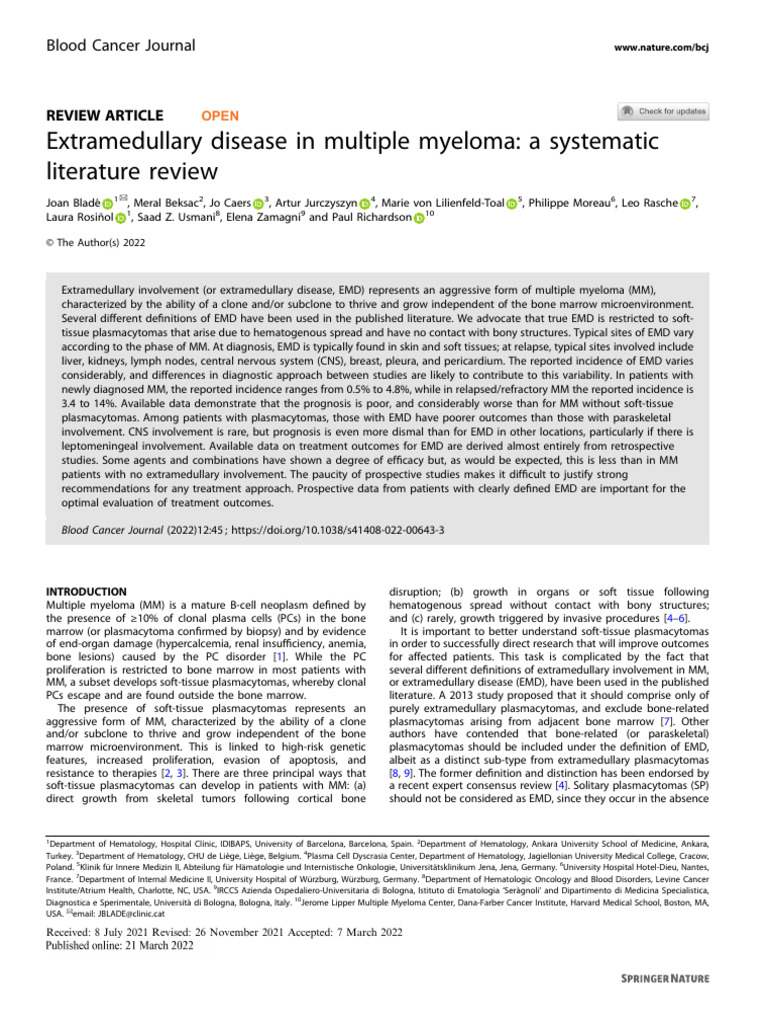 Extramedullary Disease in Multiple Myeloma A Systematic | Download Free PDF | Multiple Myeloma ...