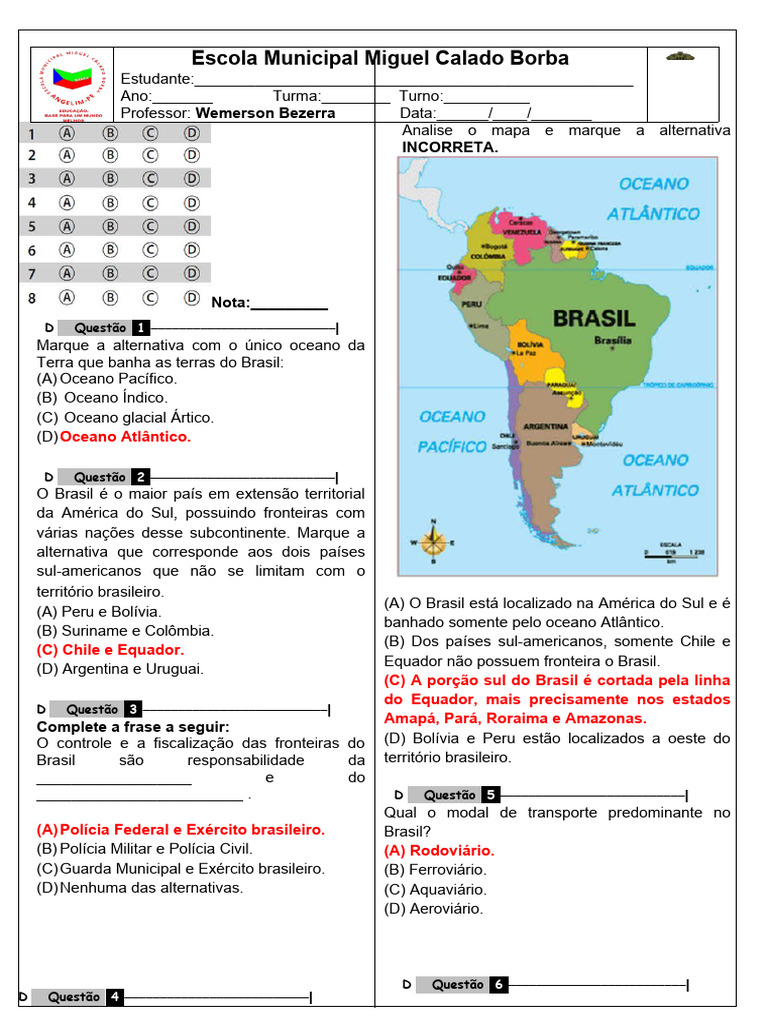 PROVA - 7° Anos - Prof. WEMERSON - PROVA GABARITO | PDF | Transporte | Brasil