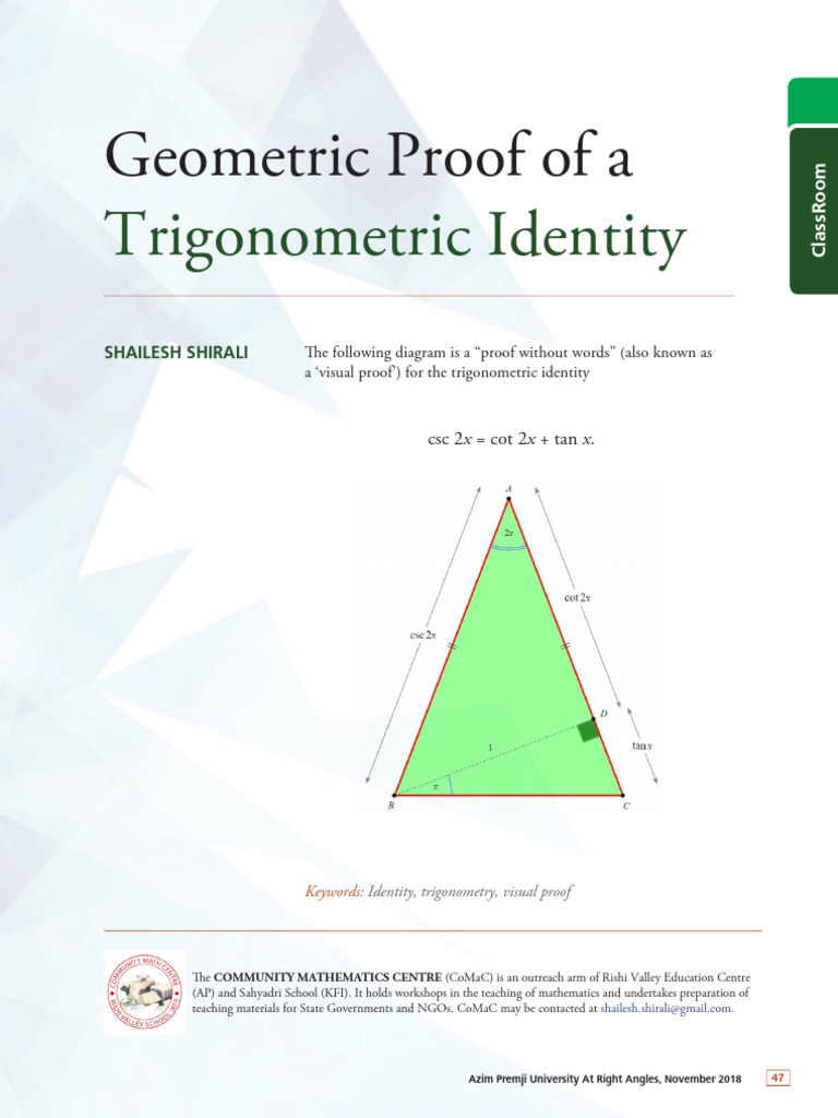 Geometric Proof of A Trigonometric Identity, Shailesh Shirali | PDF ...