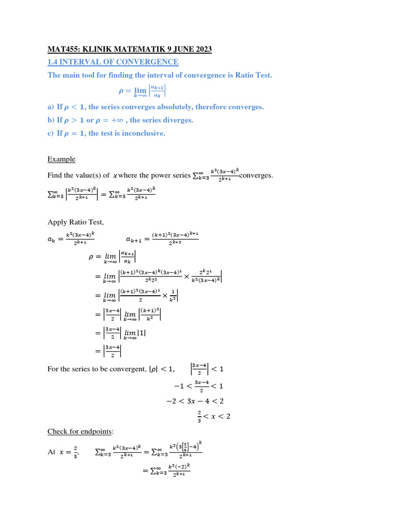 MAT455 - Interval of Convergence - Example From Math Clinic | PDF ...