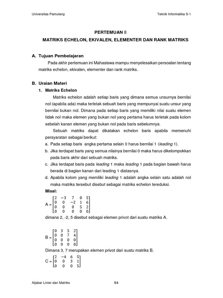 Matriks Echelon dan Rank dalam Aljabar | PDF | Metode & Bahan Ajar