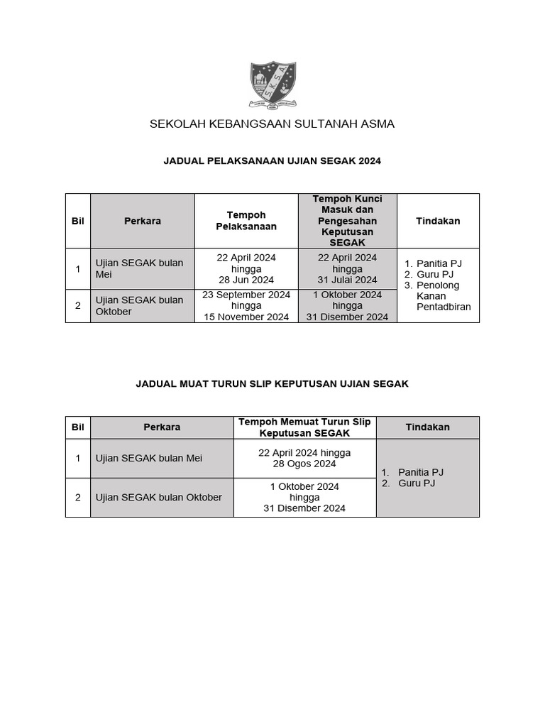Jadual Pelaksanaan SEGAK 2024 | PDF