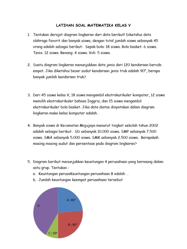 LATIHAN SOAL MATEMATIKA KELAS V, Diagram Lingkaran | PDF