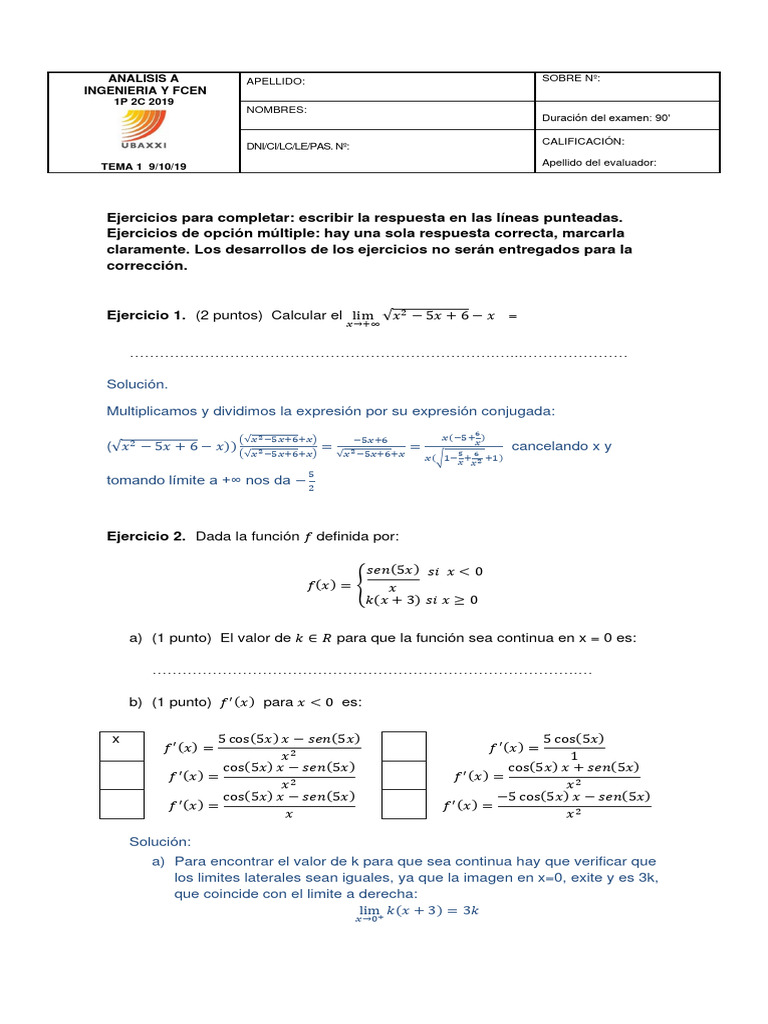 Clave 1er P 2do 2019 Tema 1 | PDF | Matemáticas | Análisis matemático