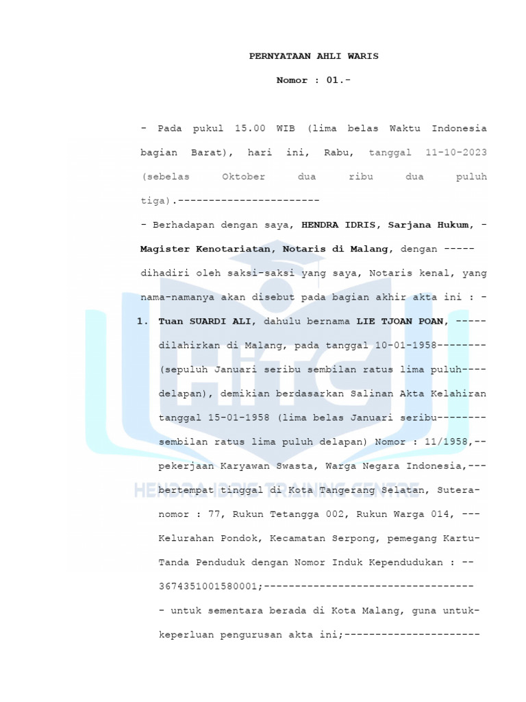 Contoh Akta Pernyataan Ahli Waris | PDF