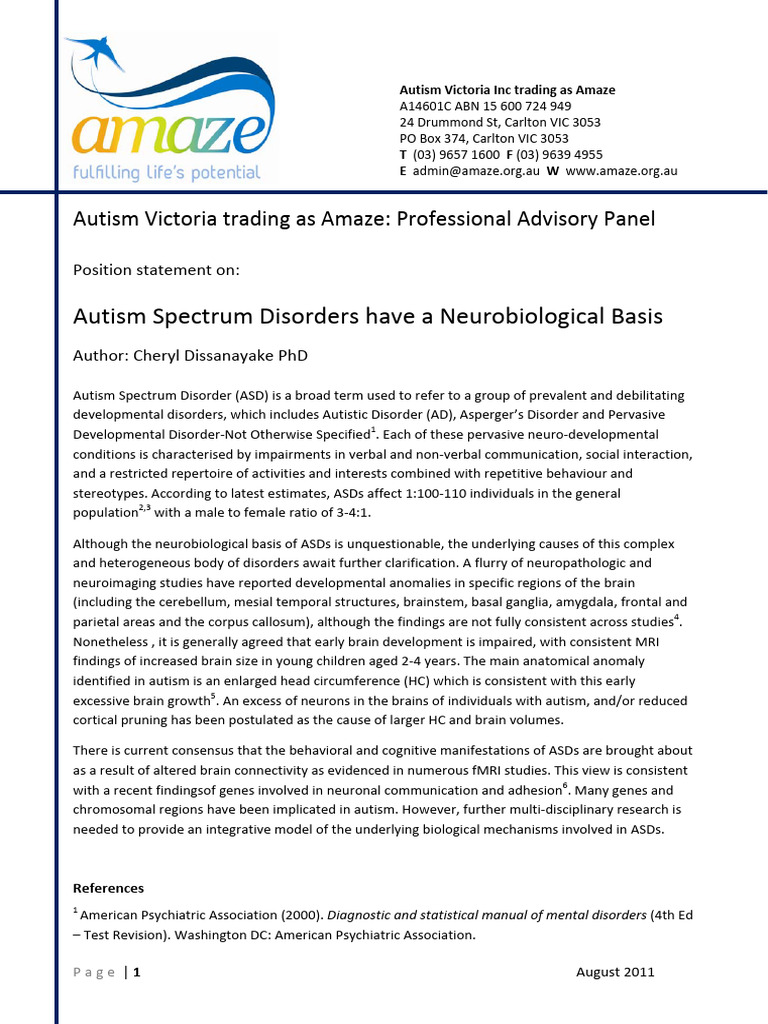 Amaze Position Paper Autism Spectrum Disorders Have A Neurobiological ...