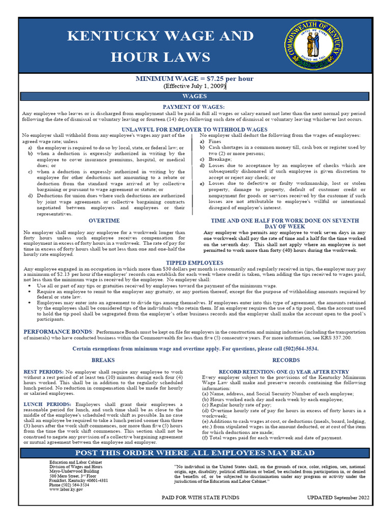 KY Wage and Hour Poster English | PDF | Employment | Gratuity