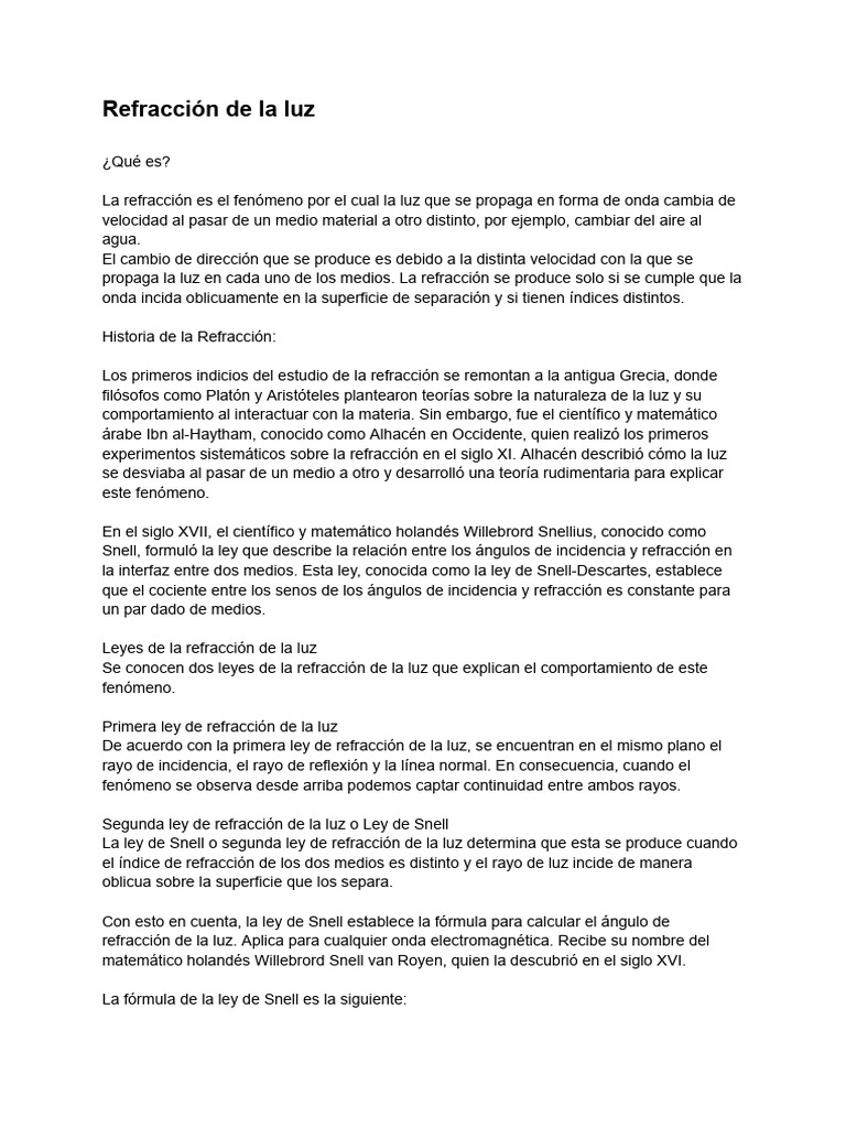 Refracción de La Luz | Descargar gratis PDF | Refracción | Óptica