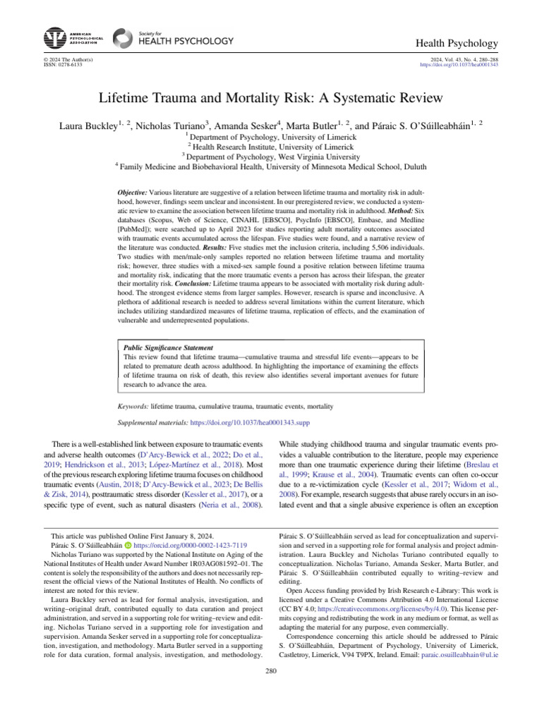 Lifetime Trauma and Mortality Risk: A Systematic Review | PDF ...