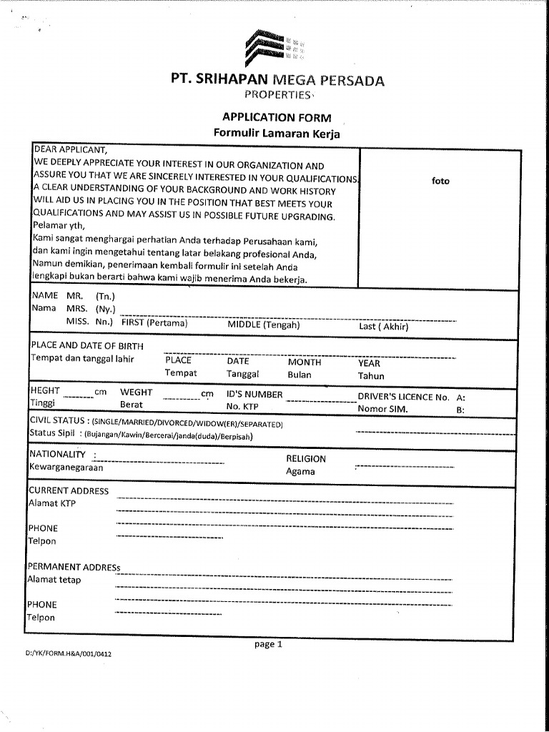 Form Application PT Srihapan Mega Persada | PDF