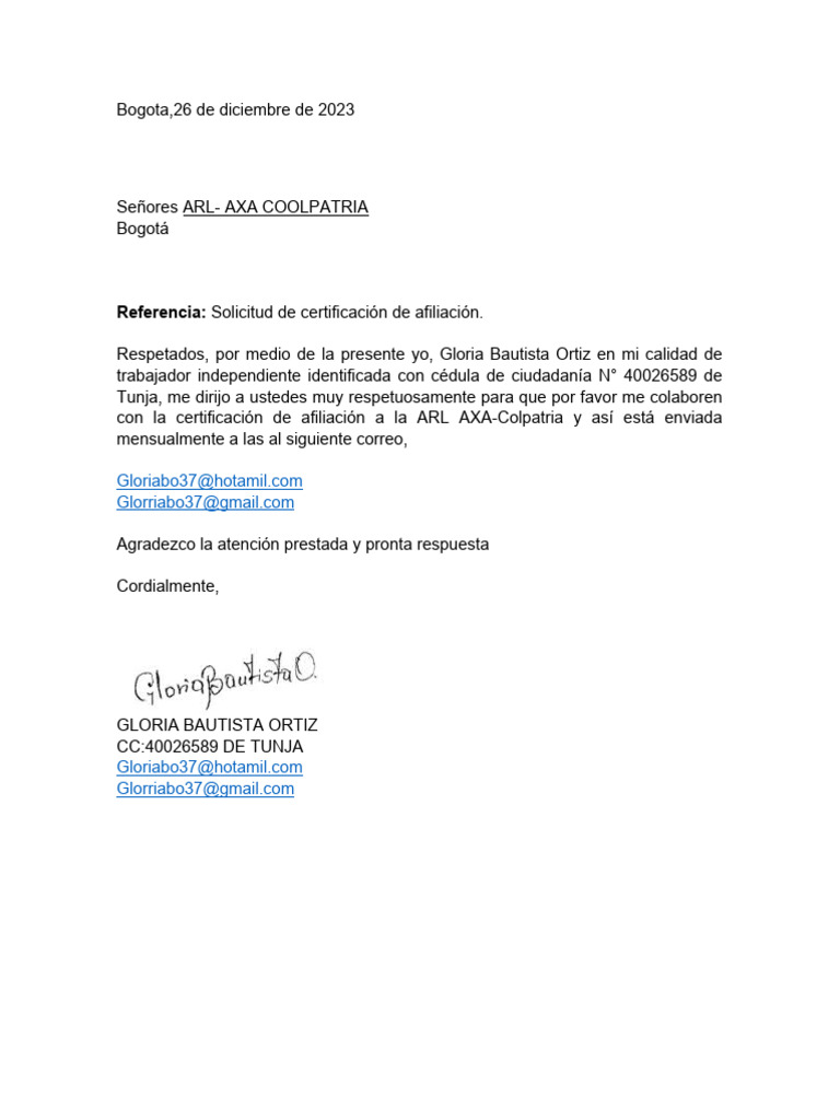 Carta de Certificacion de Afiliacion Axa - Colpatria | PDF | Derecho