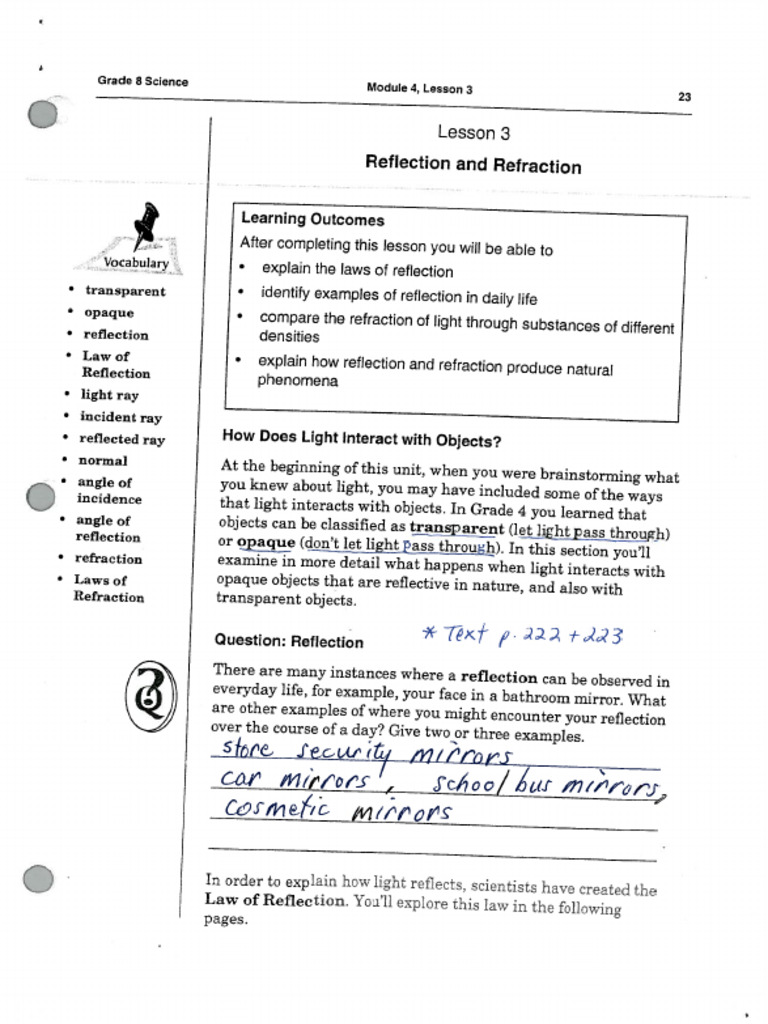 S8 Reflection + Refraction Booklet ANSWERS | PDF | Rainbow | Sky