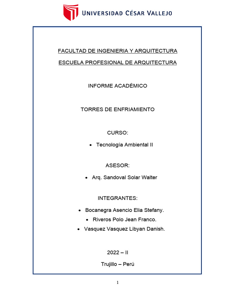 Informe Torres de Enfriamiento Tecnologia Ambiental Ii | PDF | Refrigeración | Termodinámica