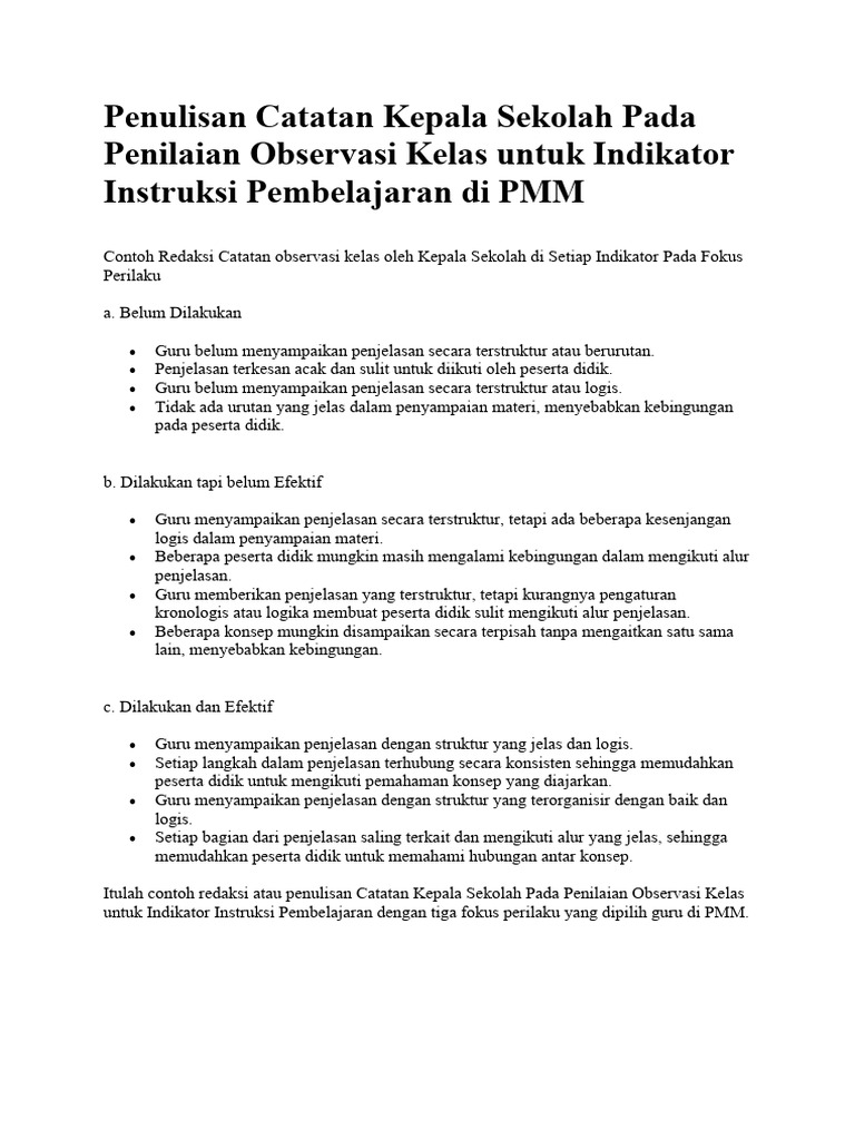 Penulisan Catatan Kepala Sekolah Pada Penilaian Observasi Kelas untuk ...