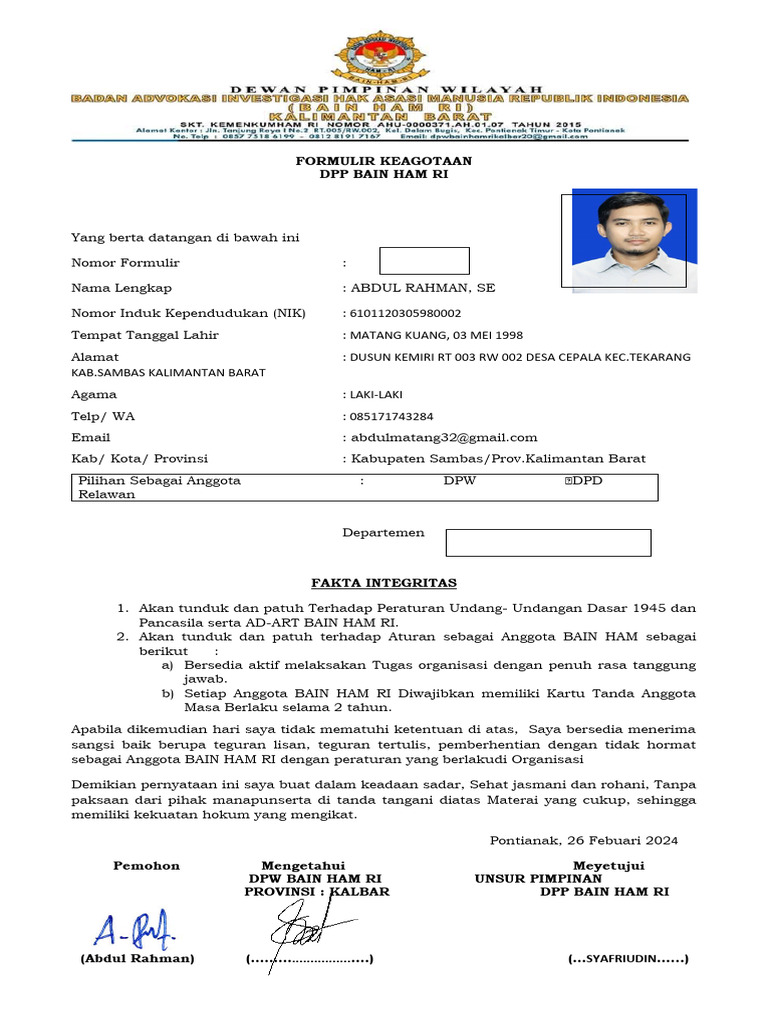 Form Keanggotaan Bain Ham Ri Abdul Rahman | PDF
