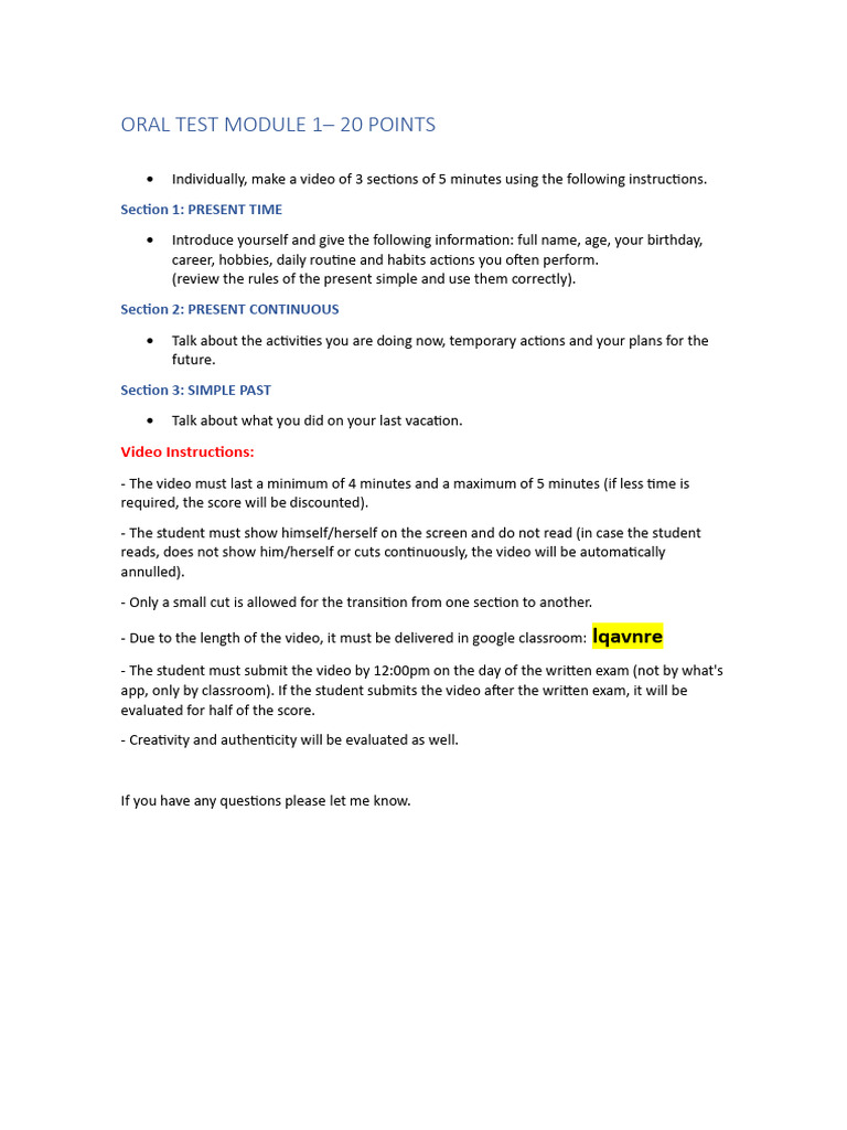 Oral Test Instructions Module 1 | PDF | Career & Growth | Language Arts ...