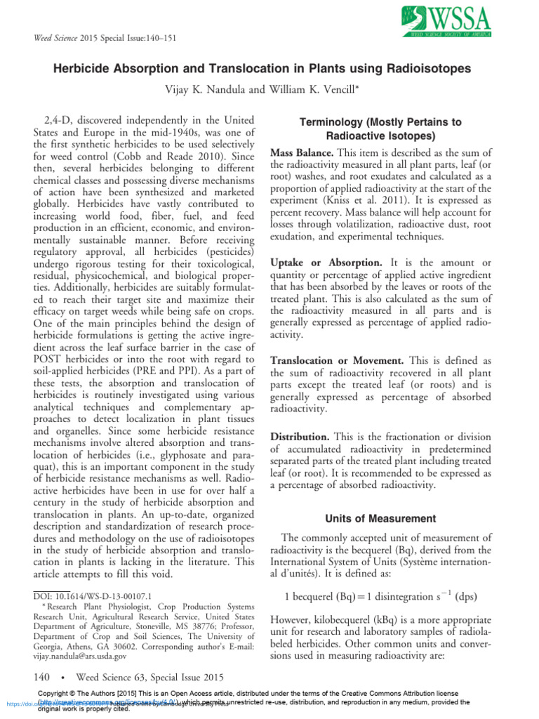 Herbicide Absorption and Translocation in Plants Using Radioisotopes ...