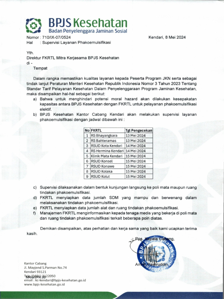 Pemberitahuan Supervisi Layanan Phakoemulsifikasi FKRTL KC Kendari | PDF