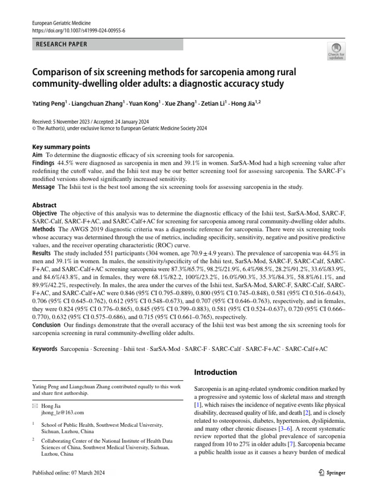 2024 - Comparison of Six Screening Methods For Sarcopenia Among Rural ...