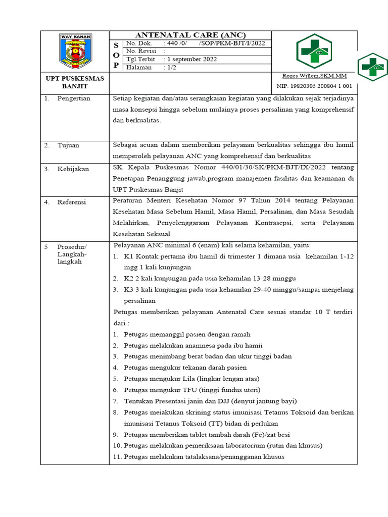 Hal 1-2 Sop Antenatal Care (Anc) | PDF | Pengembangan Diri | Sains & Matematika